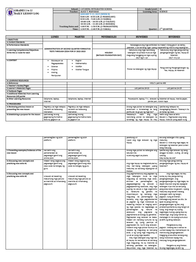 DLL - Science 3 - Q2 - W8 | PDF