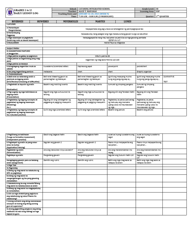 DLL - Esp 3 - Q2 - W9 | PDF