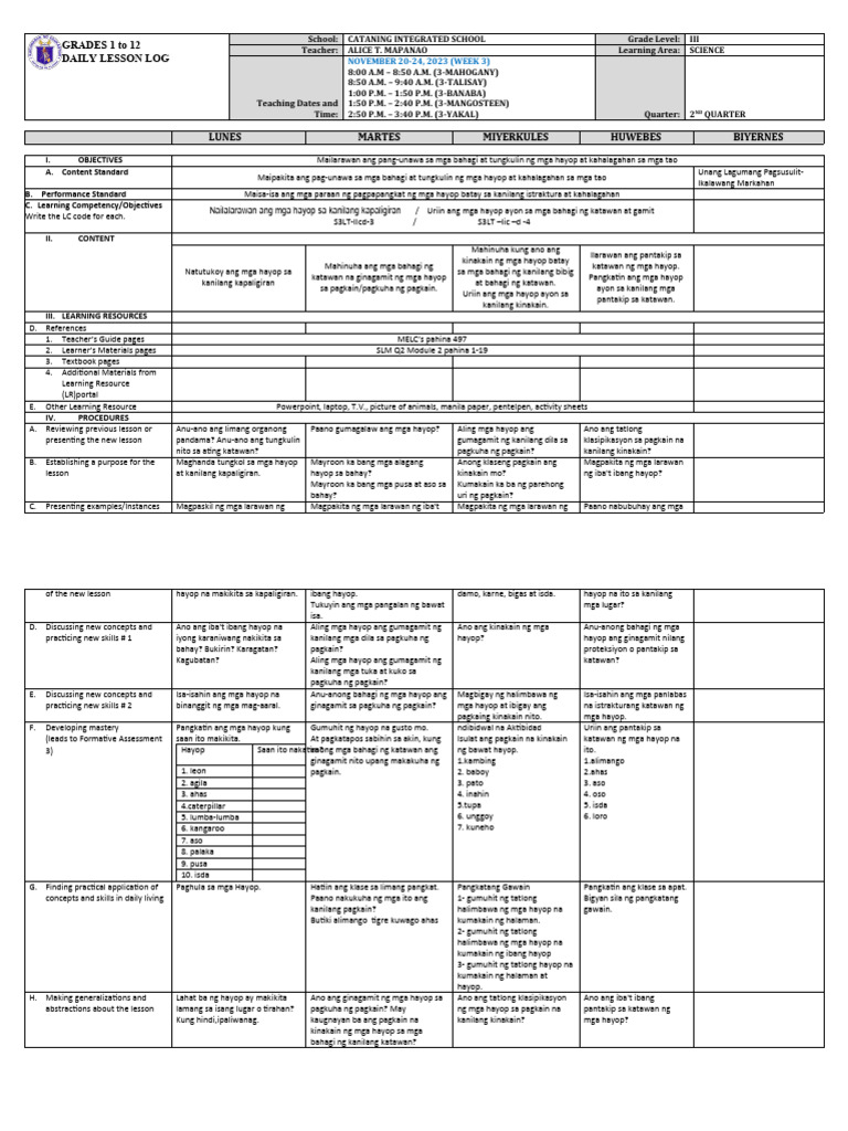 DLL - Science 3 - Q2 - W3 | PDF