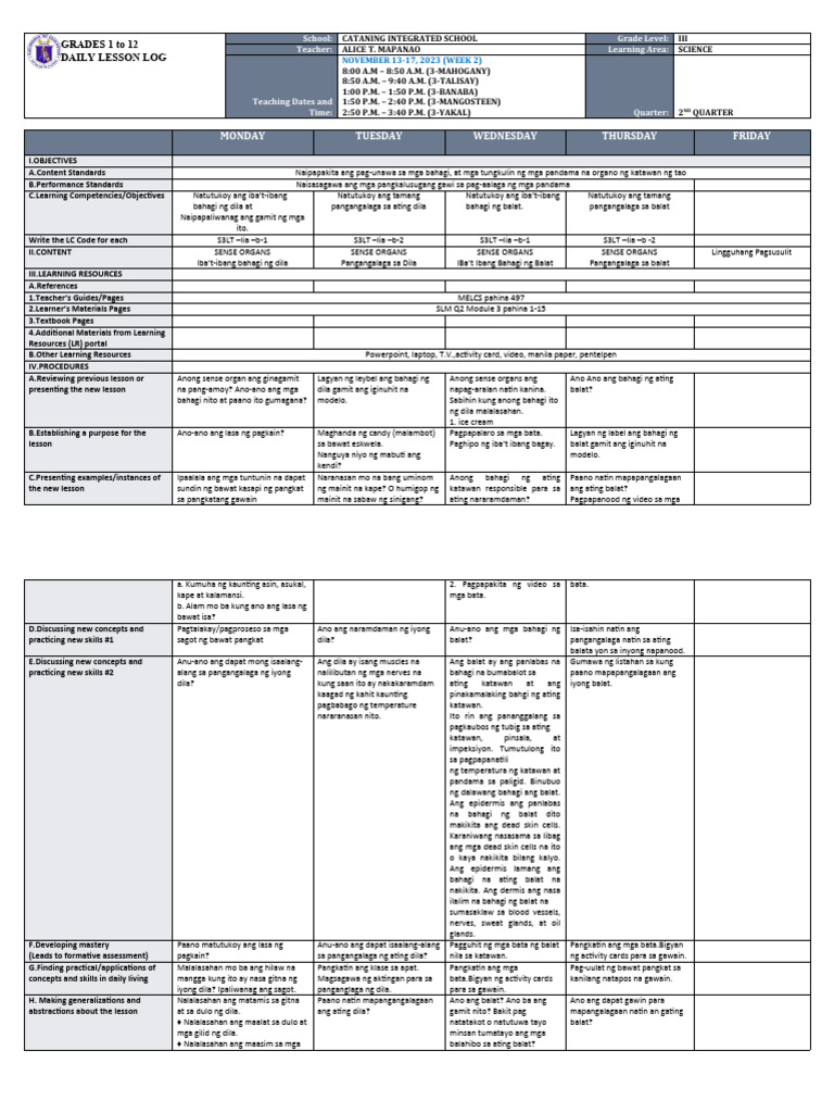 DLL - Science 3 - Q2 - W2 | PDF