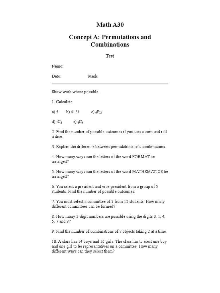 Permutations and Combinations Test Guide | PDF | Permutation | Teaching ...