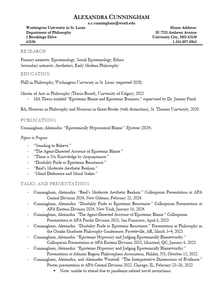 Alexandra Cunningham - Academic CV March 2024 | PDF | Epistemology ...