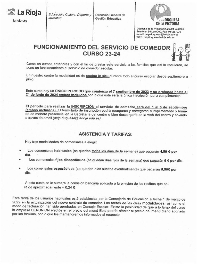 Funcionamiento Comedor Curso 23-24 | PDF