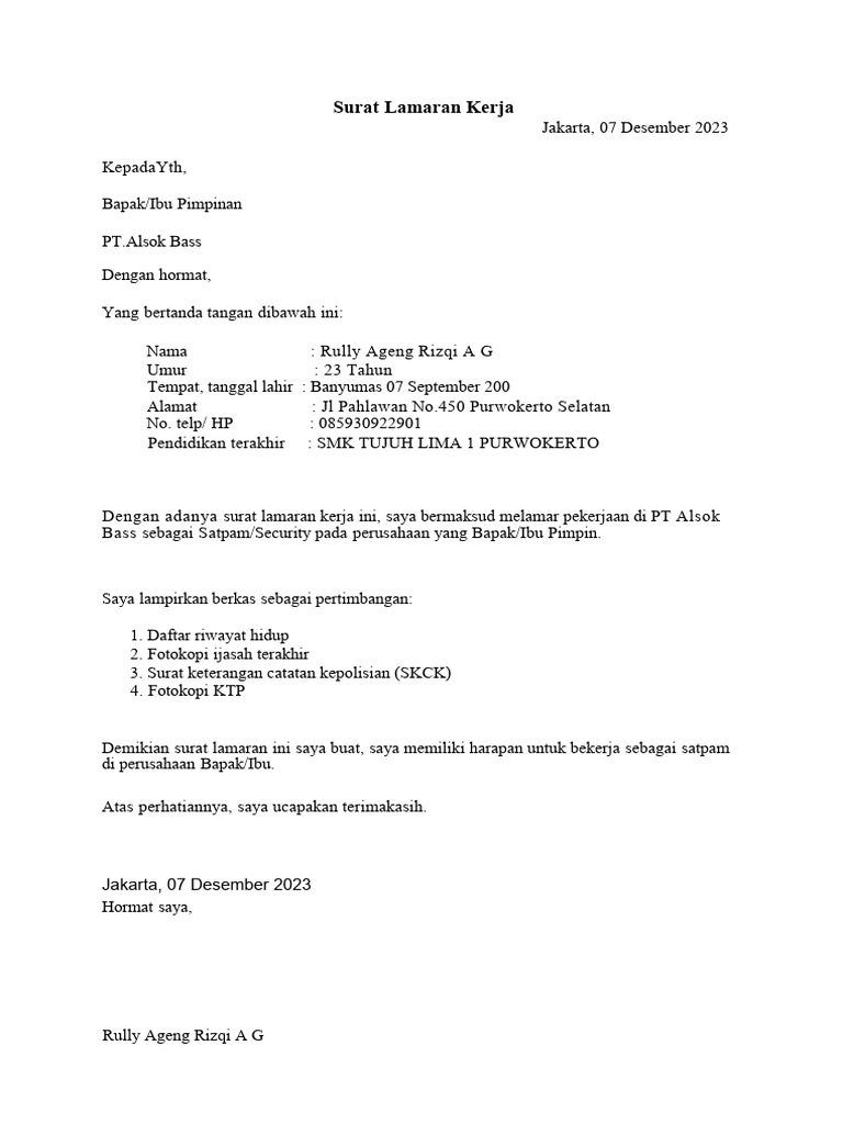 Contoh Surat Lamaran Kerja Security | PDF