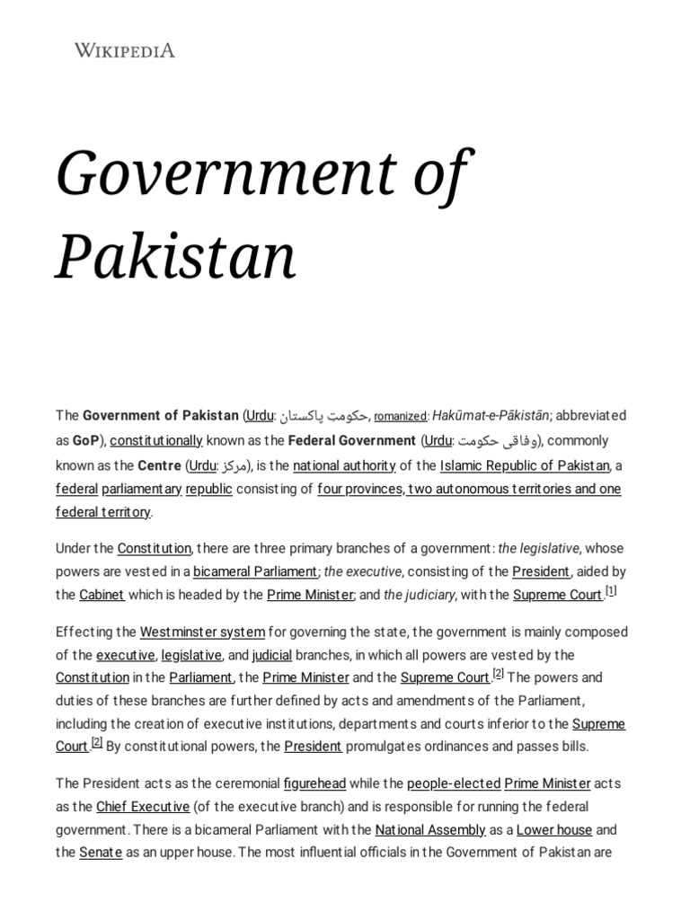 Government of Pakistan - Wikipedia | PDF | Pakistan | Government Of ...