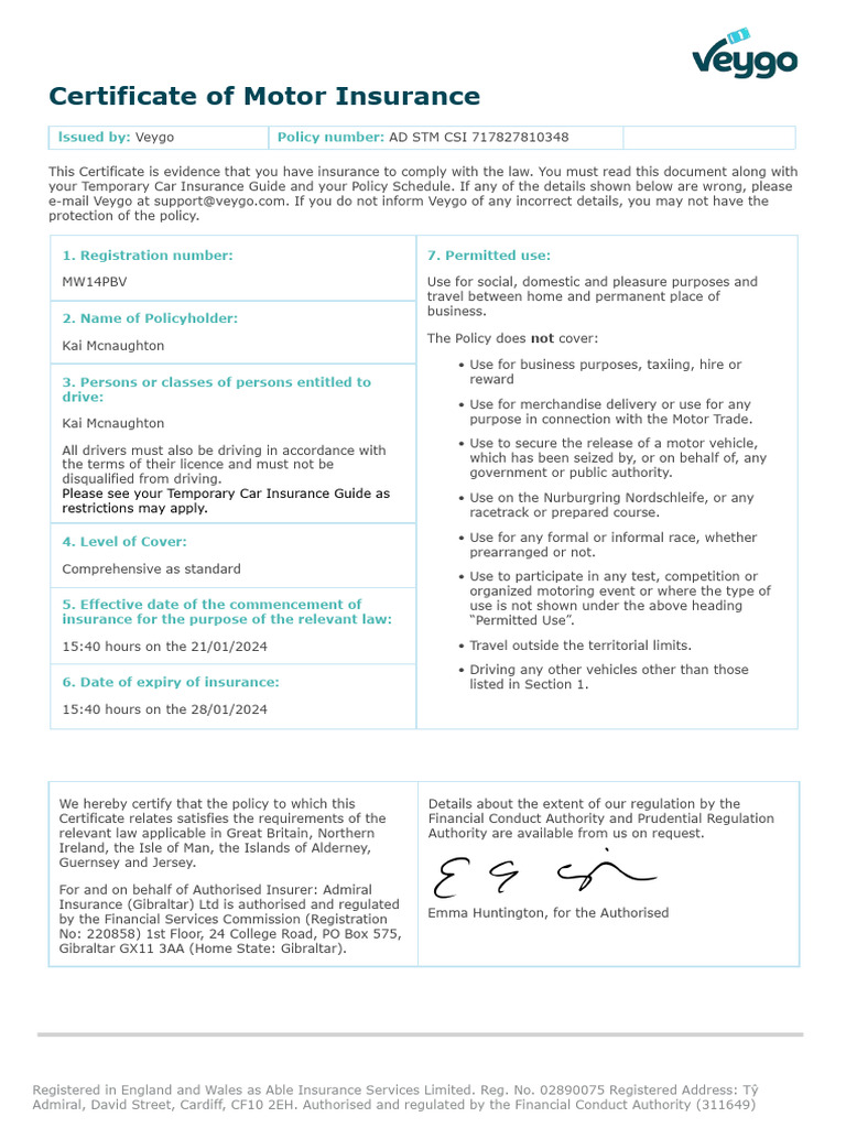 Temporary Cover Certificate of Motor Insurance | PDF | Vehicle ...