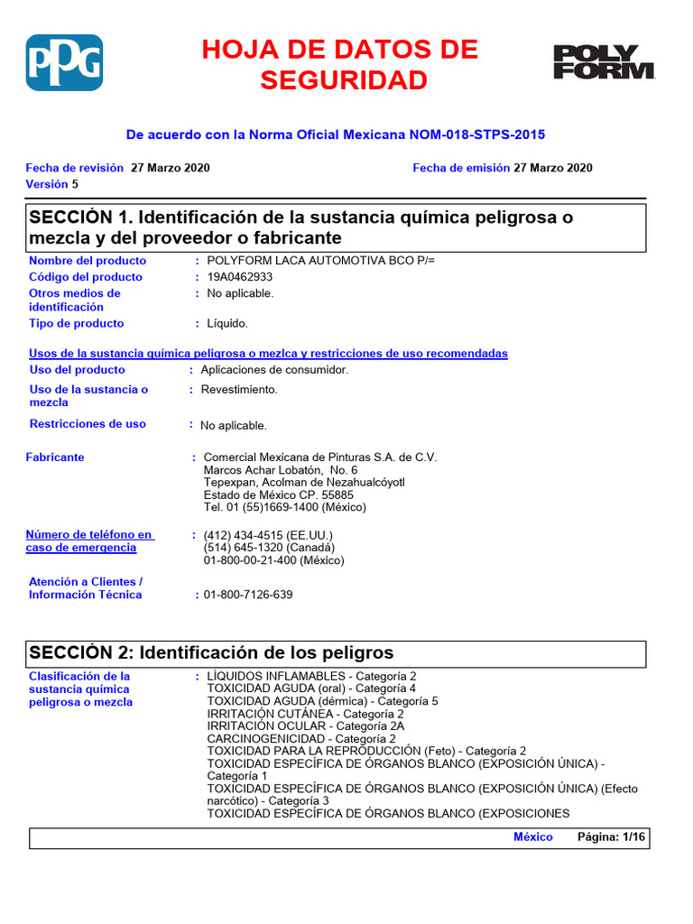 Hoja de Seguridad: Laca Automotriz | PDF | Ventilación (Arquitectura ...