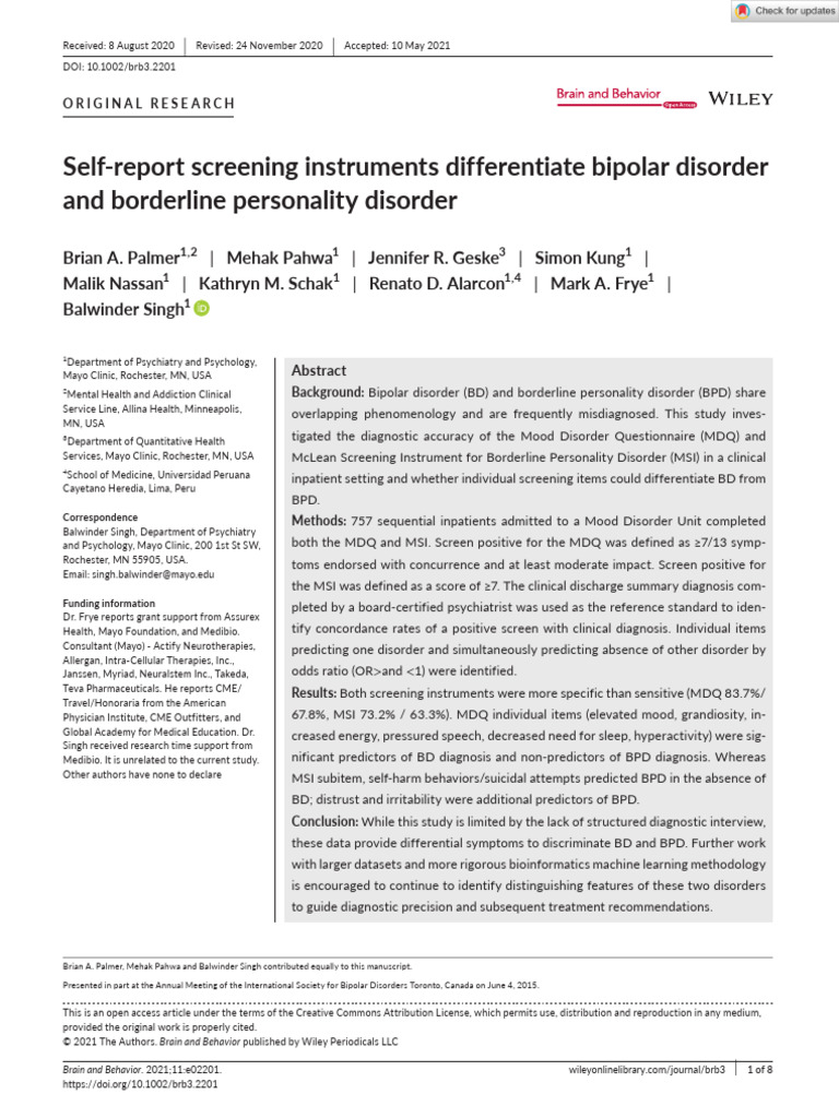 Self-Report Screening Instruments Differentiate Bipolar Disorder and ...