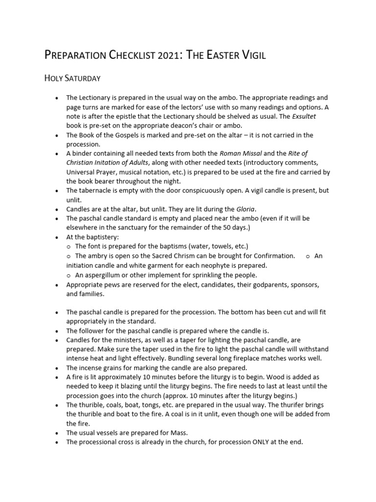 Easter Vigil Preparation Checklist 2021 | PDF | Lectionary | Christian ...
