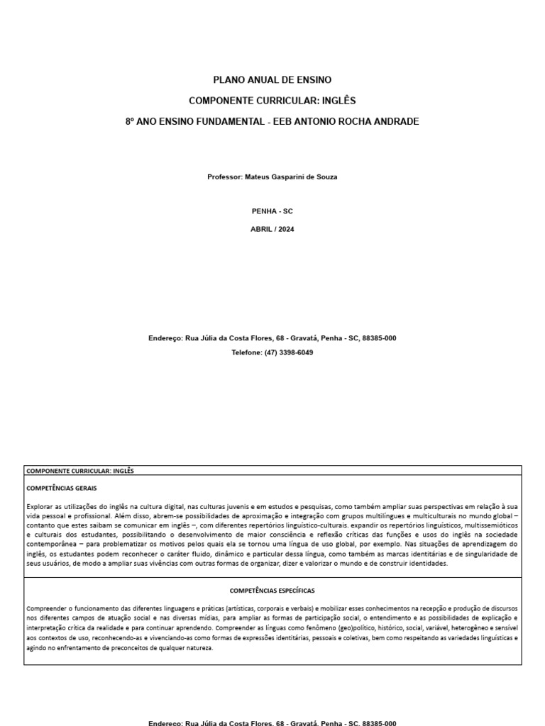 Planejamento Anual 8º Ano - Inglês | PDF | Sociologia | Língua inglesa
