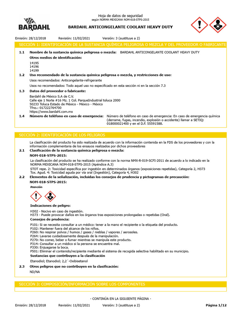 Bardahl Anticongelante Coolant Heavy Duty Hds | PDF | Toxicidad | Química