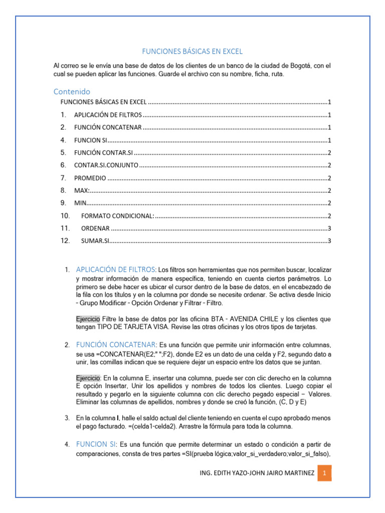 Funciones Básicas de Excel para Gestión de Datos en Bancos | PDF | Microsoft Excel | Bases de datos