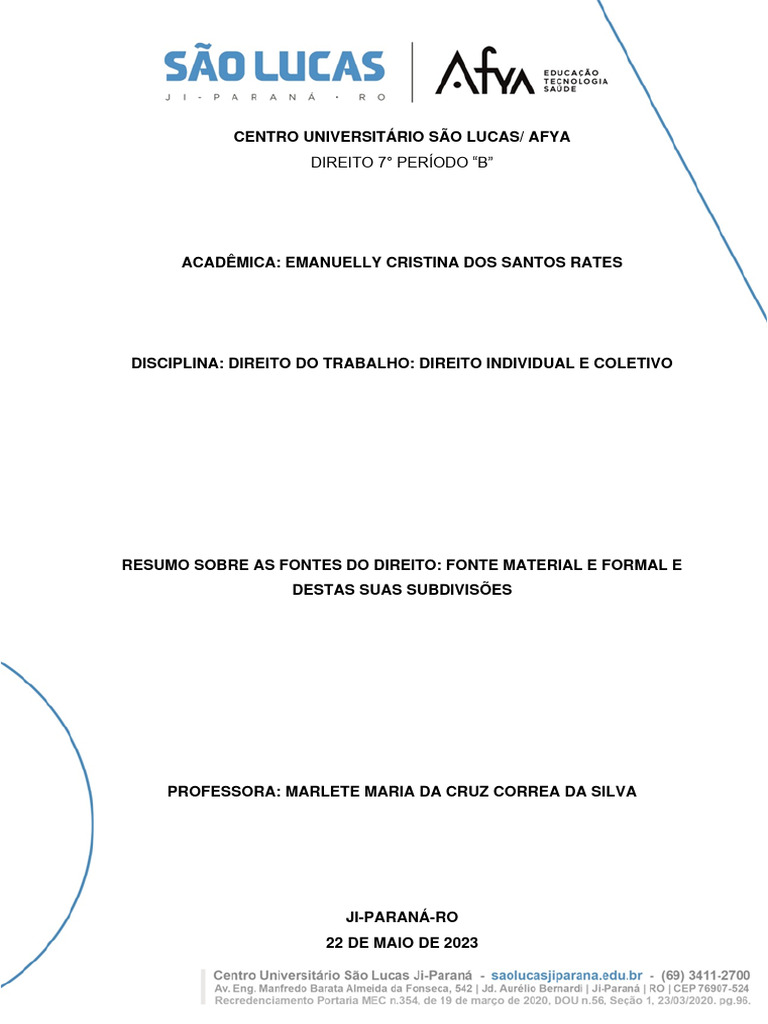 Resumo 3 Fontes Do Direito - Fonte Material e Formal e Desta Suas ...