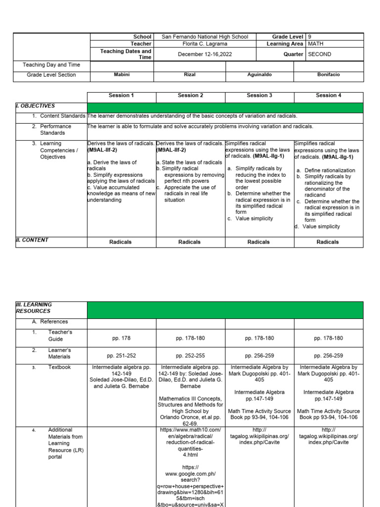 School Grade Level 9 Teacher Learning Area MATH Teaching Dates and Time ...