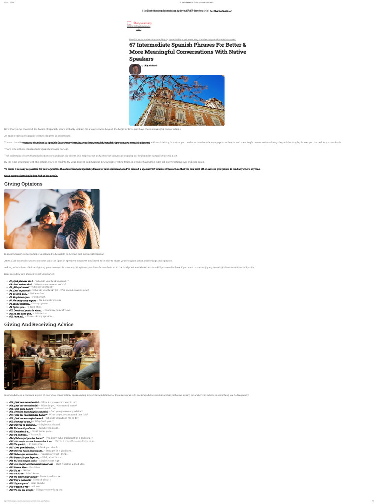 Intermediate Spanish Phrases Guide | PDF | Conversation | Human ...