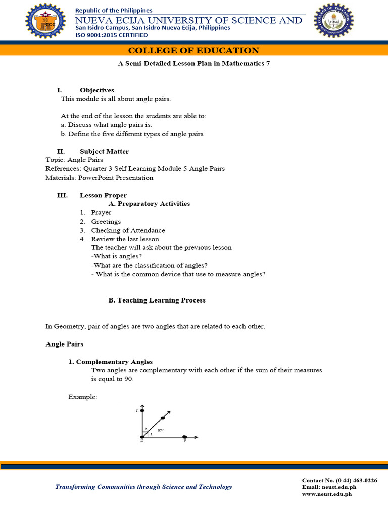 MATH 7 Lesson Plan - 5. Angle Pairs | Download Free PDF | Angle | Geometry