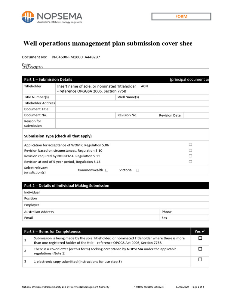 Well Operations Management Plan Submission Cover Sheet: Document No: N ... Well Operations Management Plan Submission Cover Sheet: Document No: N ...
