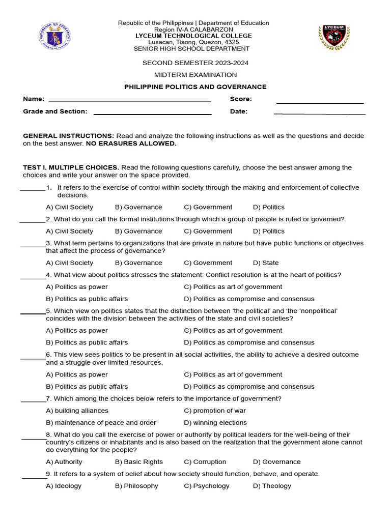 Philippine Politics and Governance - G11 HUMSS Exam | PDF | Power ...