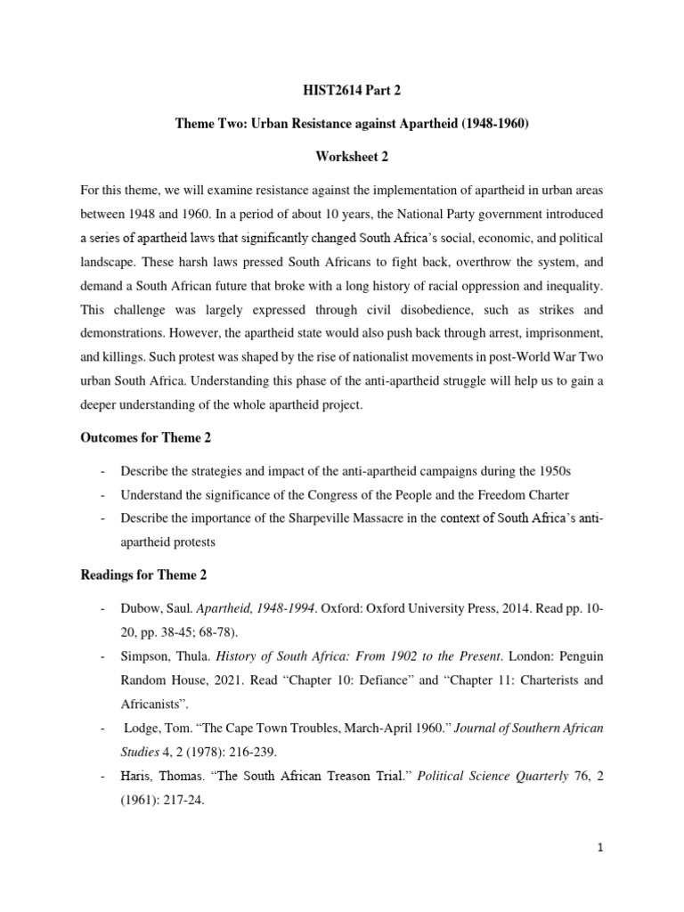 HIST2614 Theme 2 Worksheet | PDF | Apartheid | Race And Law