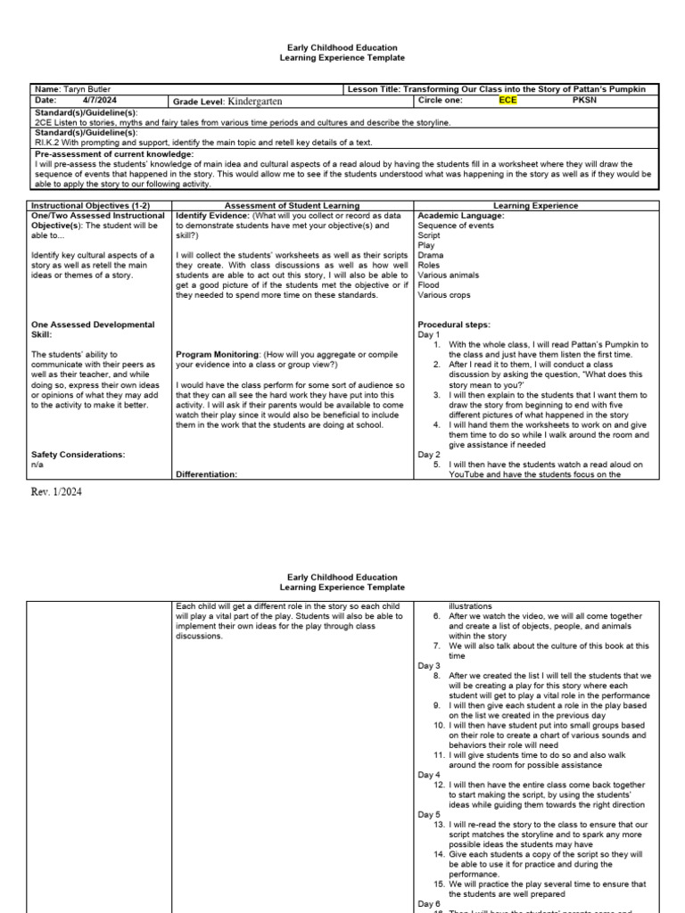 Lesson Plan Pattans Pumpkin Play | PDF | Early Childhood Education ...
