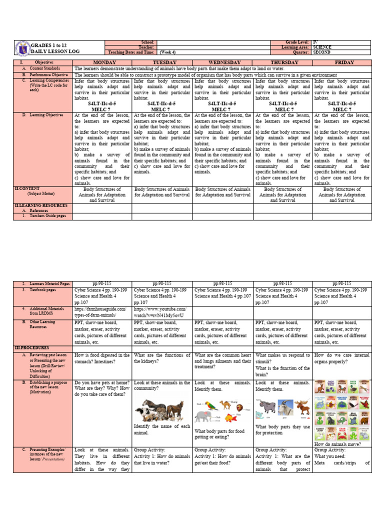 Science 4 Q2 Week 4 DLL | PDF | Habitat | Adaptation