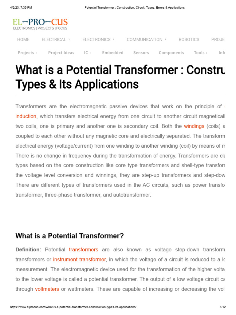 Potential Transformer - Construction, Circuit, Types, Errors & Applications | PDF | Transformer ...