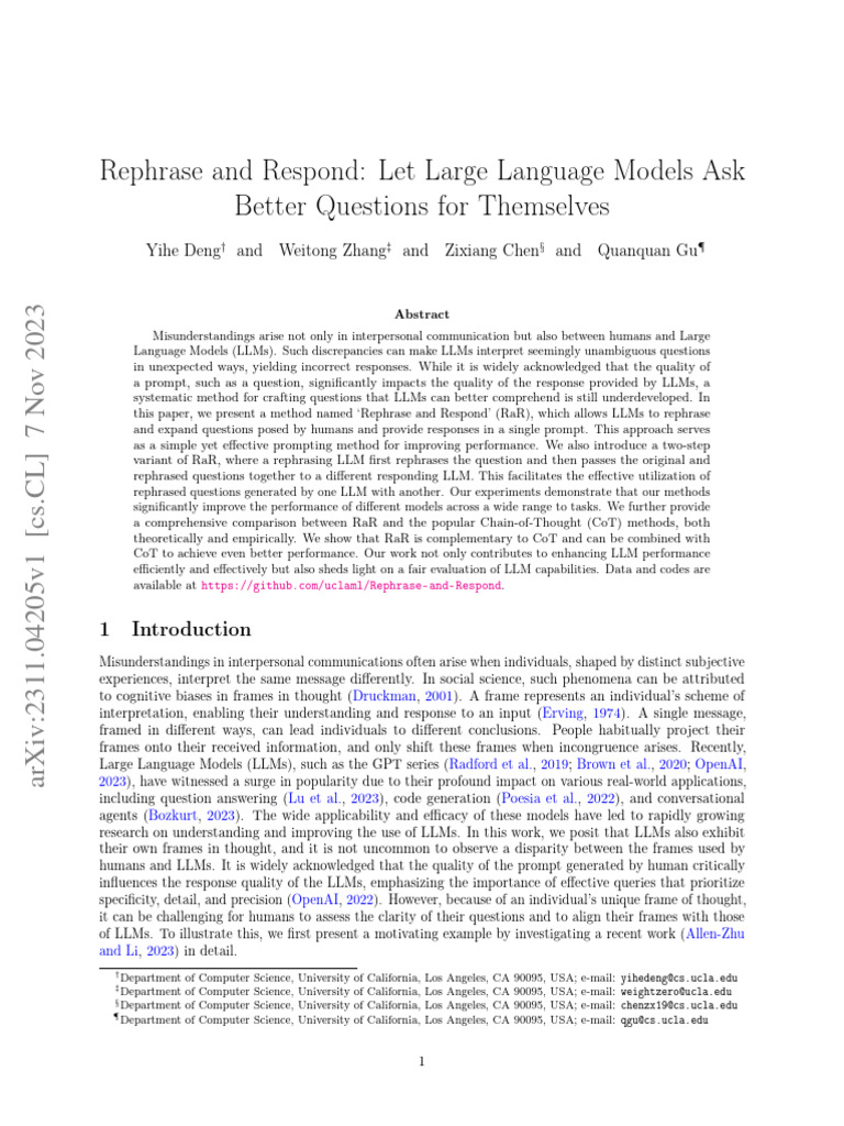 Rephrase and Respond: Let Large Language Models Ask Better Questions For Themselves | PDF | Deep ...