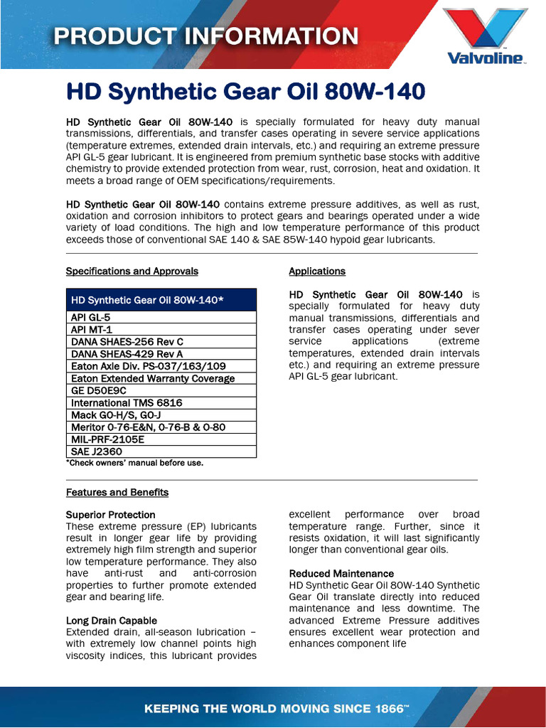 VALVOLINE HD - Synthetic - Gear - Oil - 80W-140-PI - Sheet | PDF ...