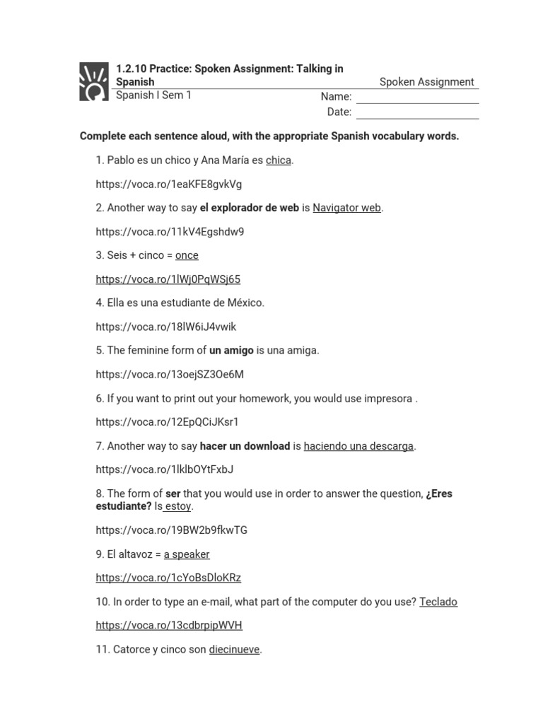 1.2.10 Practice - Spoken Assignment - Talking in Spanish (Spoken Assignment) | PDF