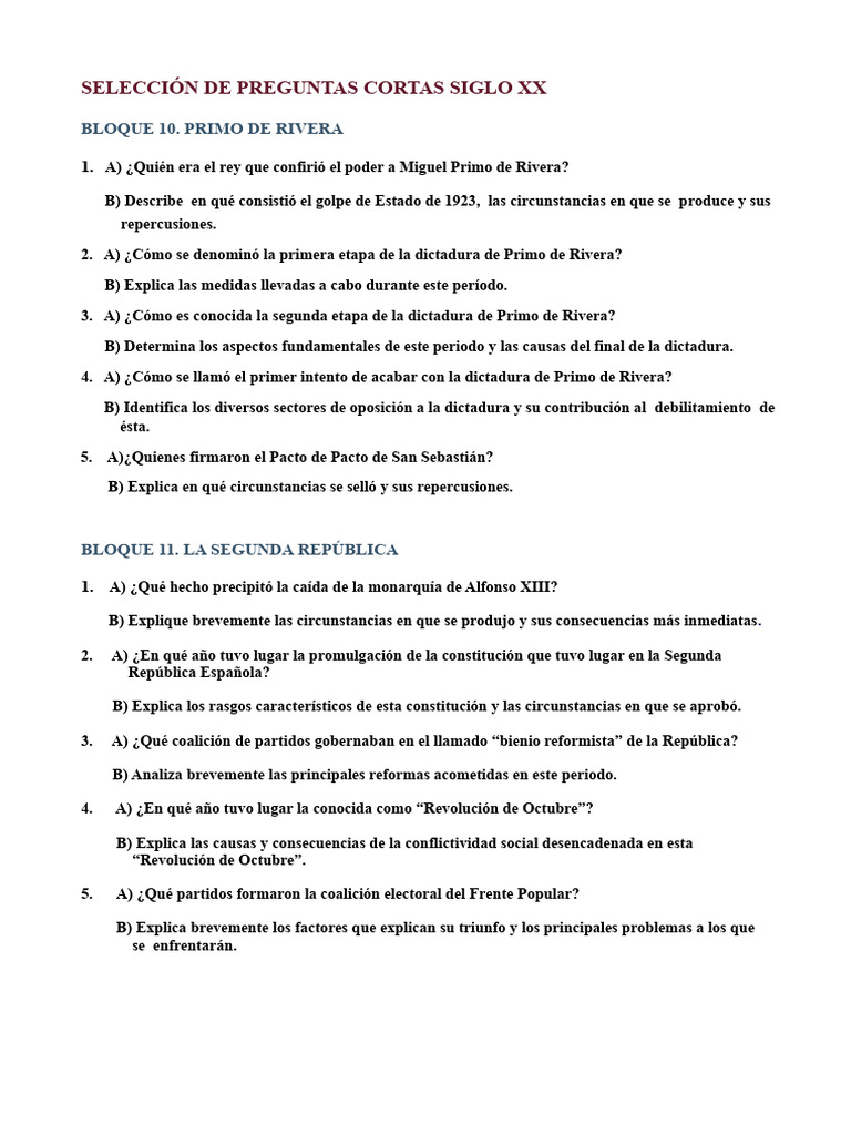 Seleccion Preguntas Cortas Siglo XX | PDF | guerra civil Española | Gobierno de españa