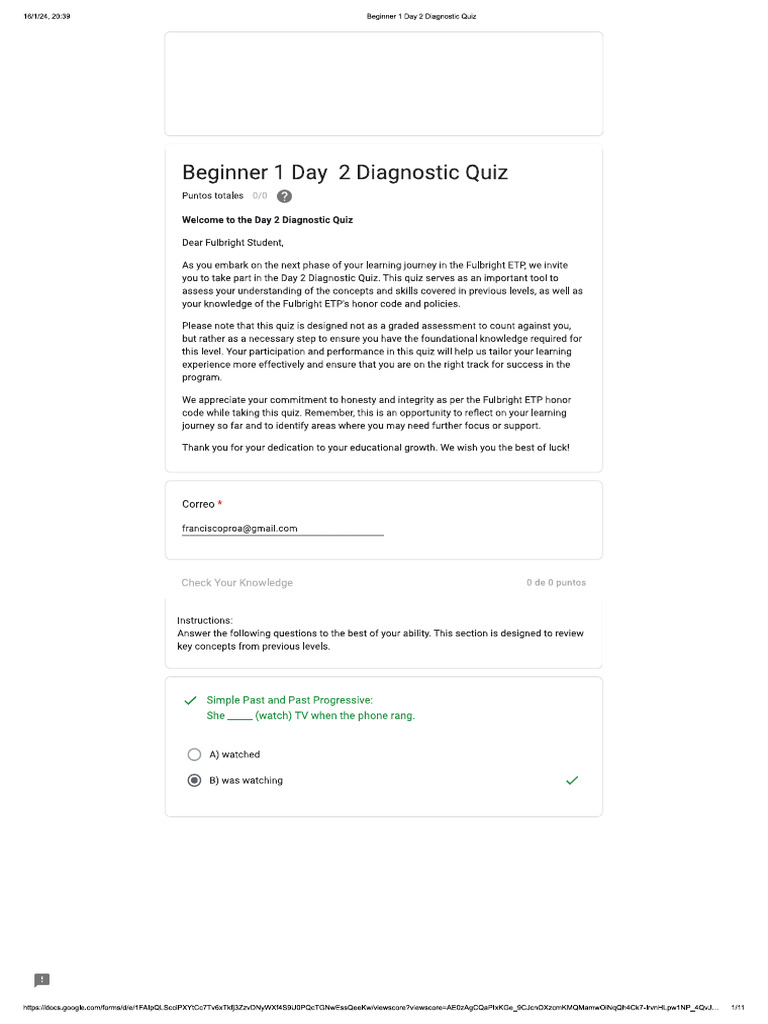 Beginner 1 Day 2 Diagnostic Quiz | PDF