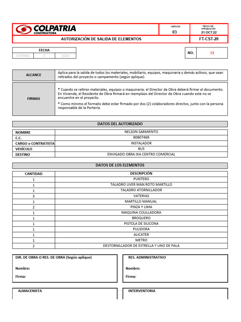 Autorizacion de Salida de Herramientas de La Obra | PDF