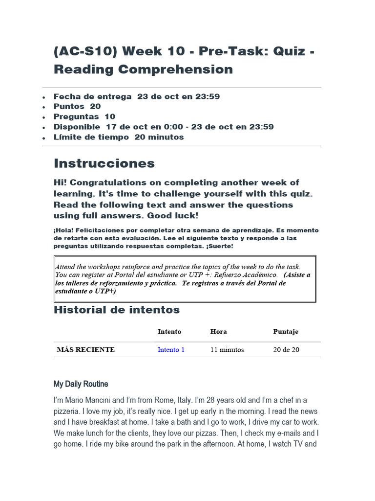 AC-S10 Week 10 - Pre-Task Quiz - Reading Comprehension | PDF | Cuisine