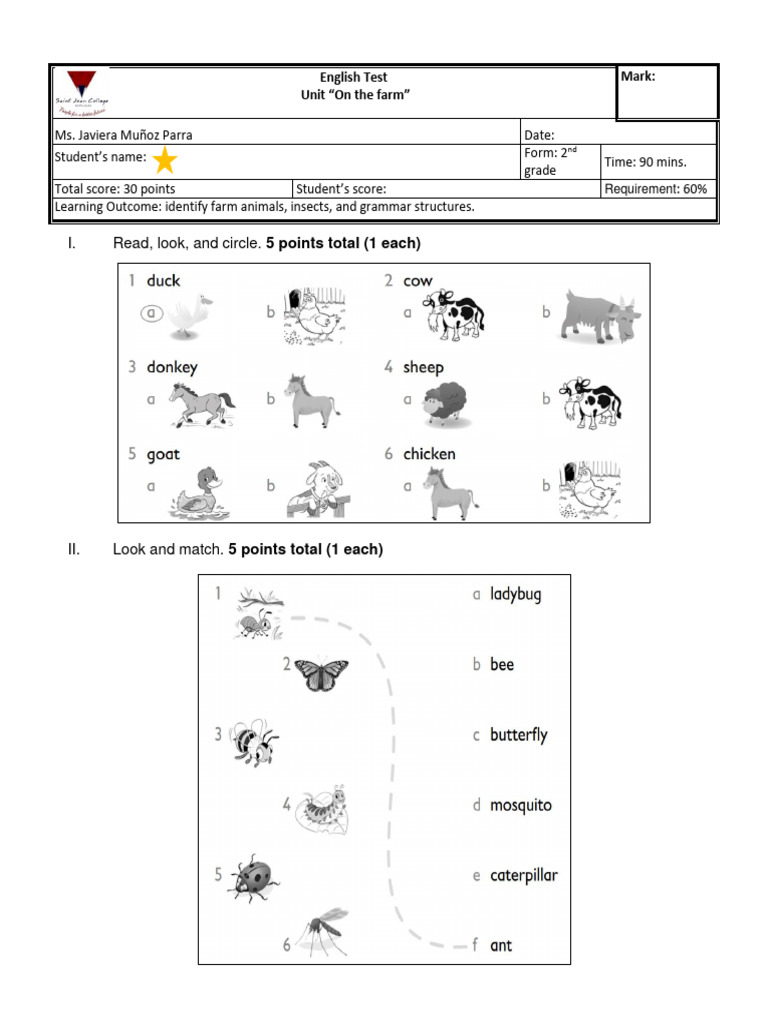 2nd Grade - Test - On The Farm | PDF