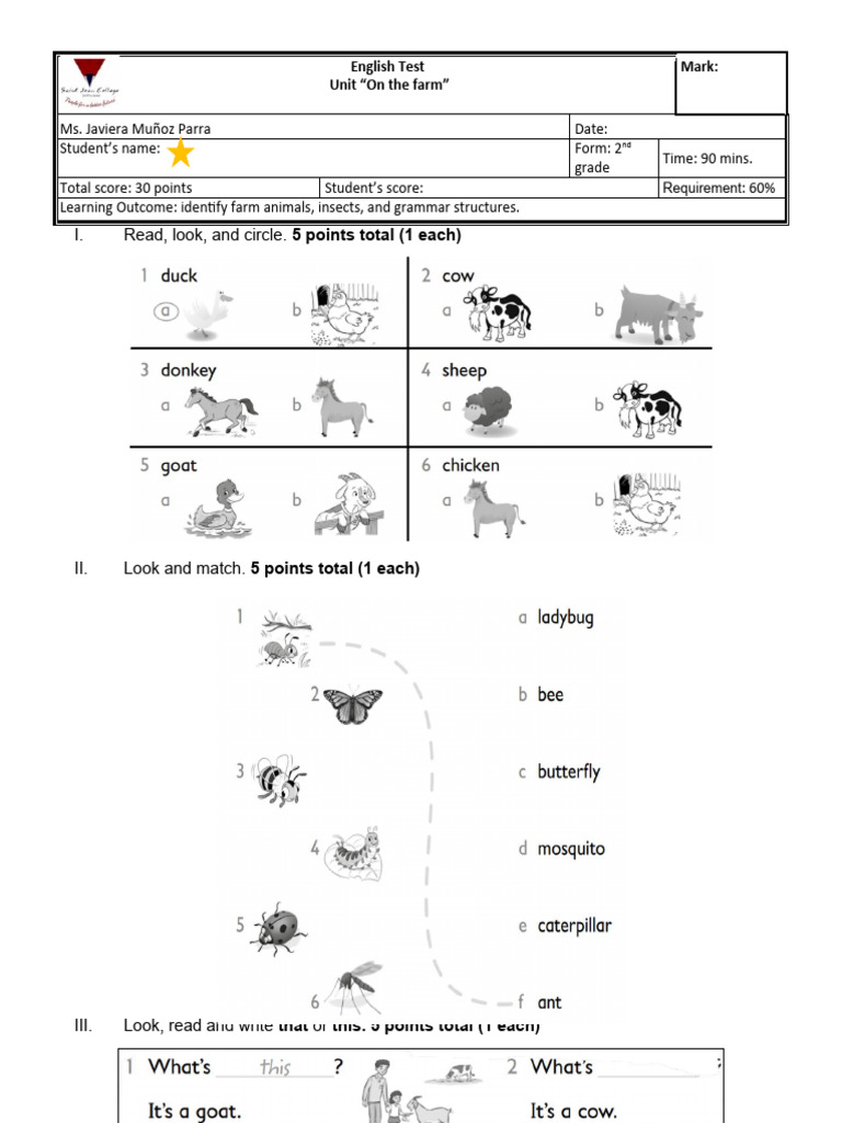 2nd Grade - Test - On The Farm | PDF