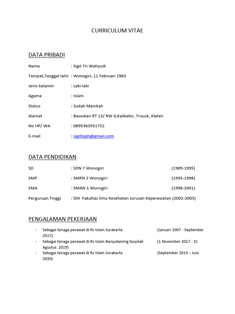 CV Sigit Tri Wahyudi: Perawat Berpengalaman | PDF | Ilmu Sosial | Pengembangan Diri