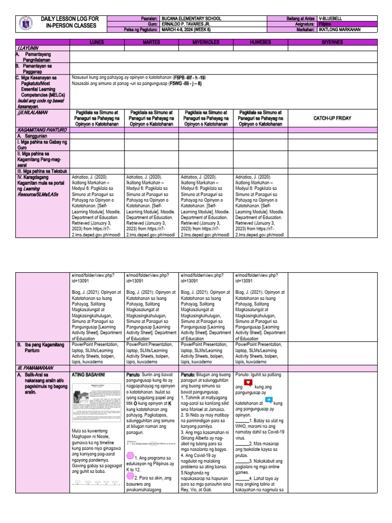 g5 q3w6 DLL Filipino (Melcs) | PDF