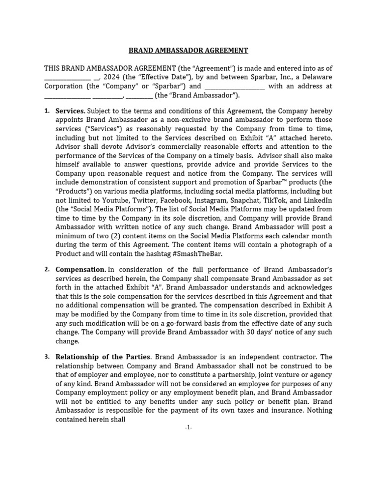 Brand Ambassador Agreement | PDF | Breach Of Contract | Copyright