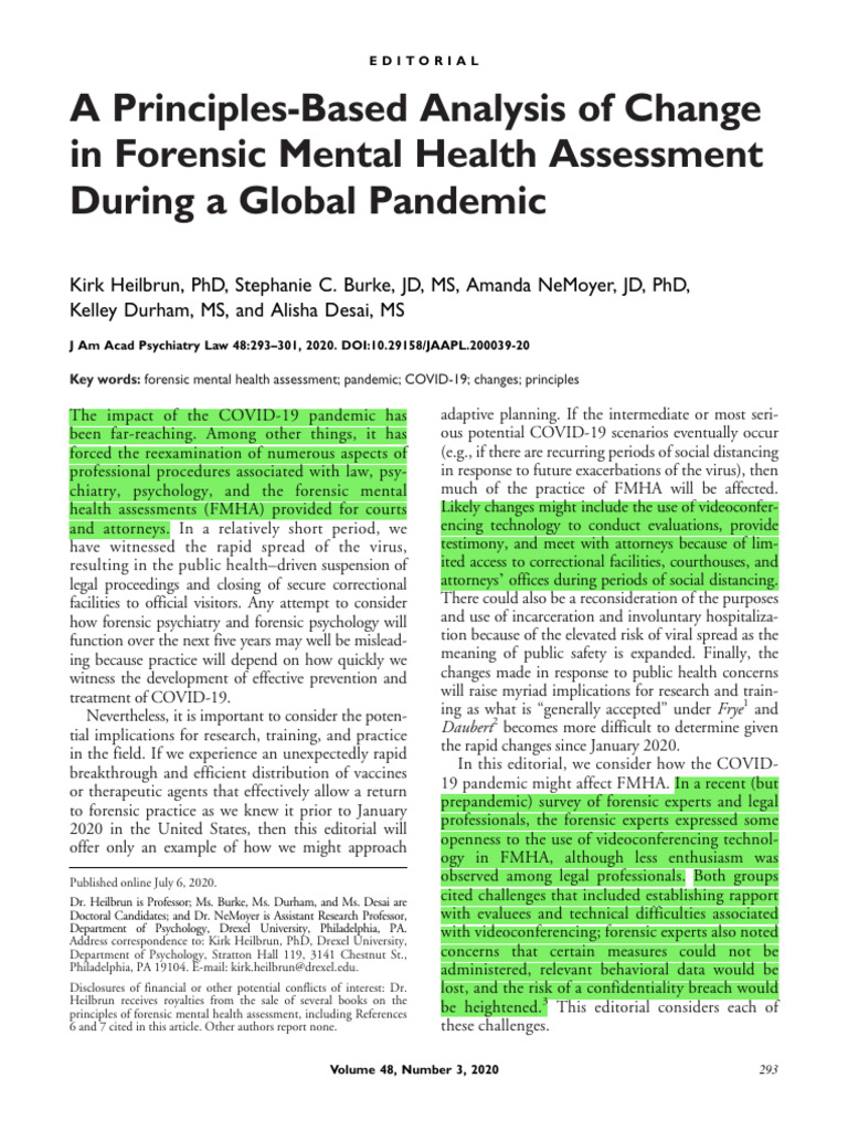Paper 'A Principle Based Analysis of Forensic MHA Pandemic (Heilburn ...