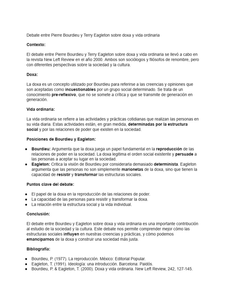 Debate Bourdieu vs Eagleton: Doxa y vida | PDF | Ciencias sociales