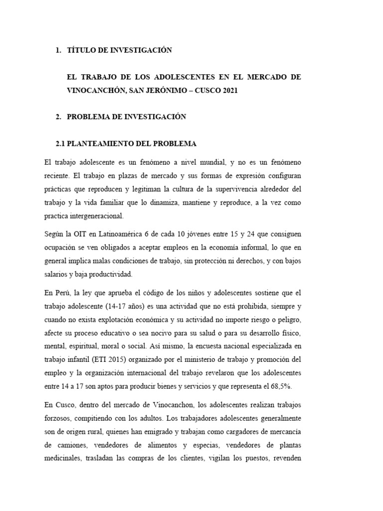 Trabajo Adolescente en Vinocanchón 2021 | PDF | Trabajo infantil | Familia