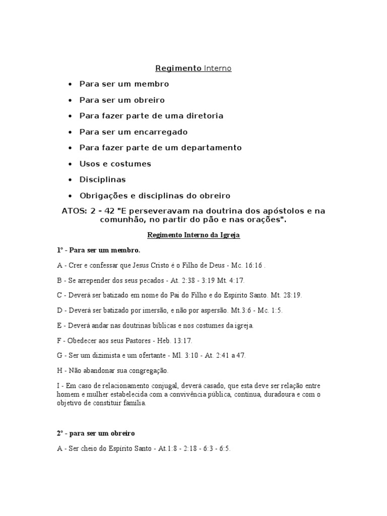 Regimento Interno Da Igreja | PDF | Batismo | Comportamento e experiência religiosa