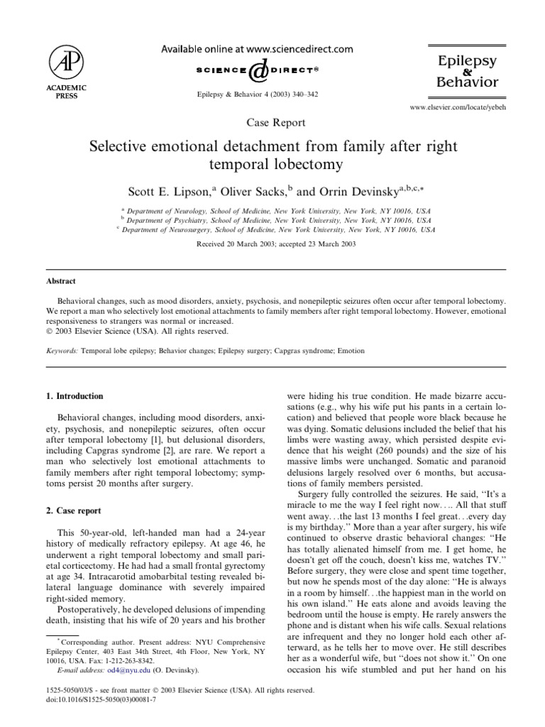 Sacks, Oliver - Selective Emotional Detachment From Family After Right ...