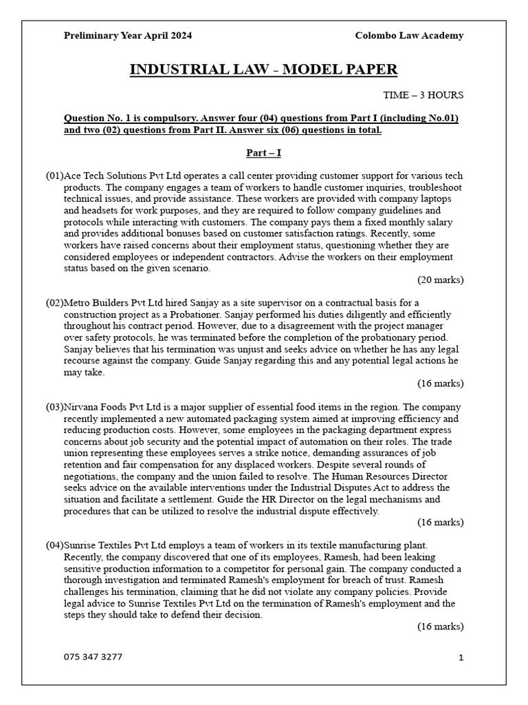 Industrial Law Model Question Paper | PDF | Employment | Layoff