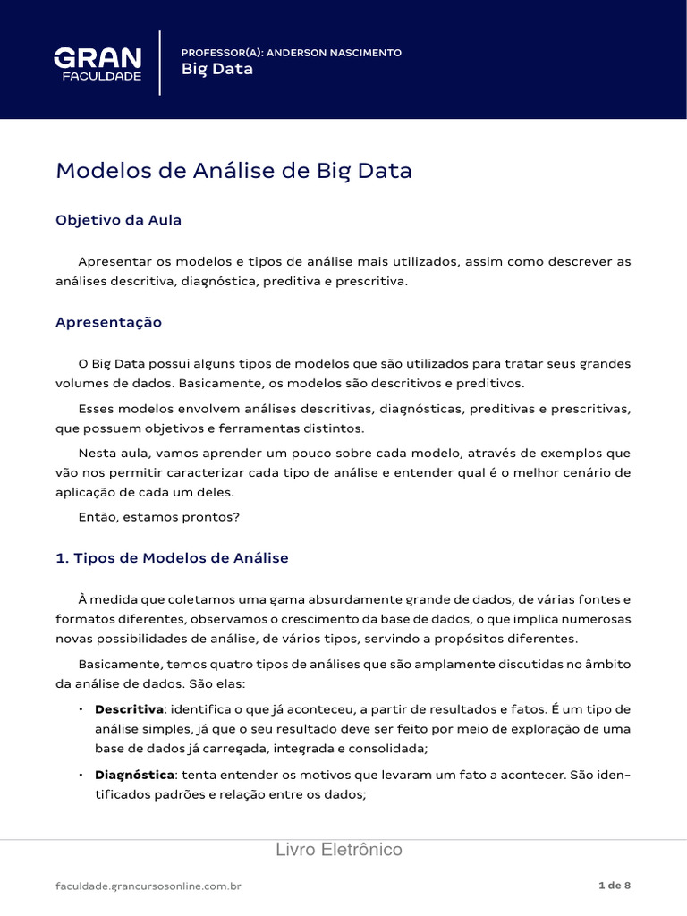 Apostila - Modelos de Análise de Big Data | PDF | Dados | Aprendizado de máquina