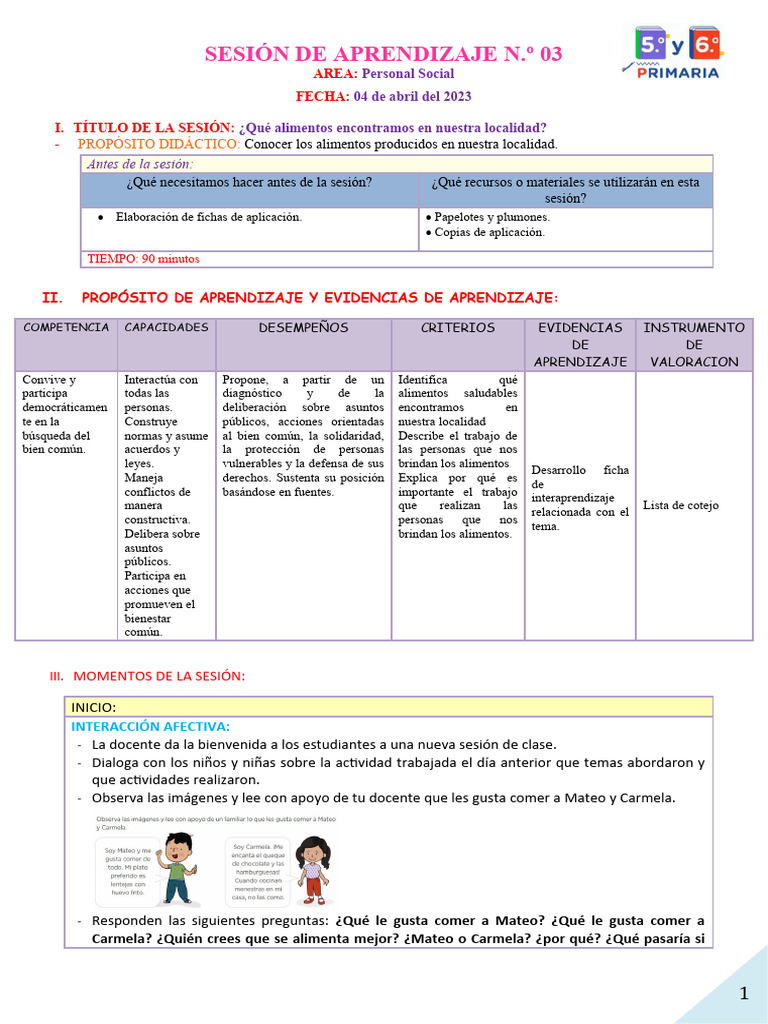 SESION 03-V CICLO-PS-¿Qué Alimentos Encontramos en Nuestra Localidad | PDF | Aprendizaje | Alimentos