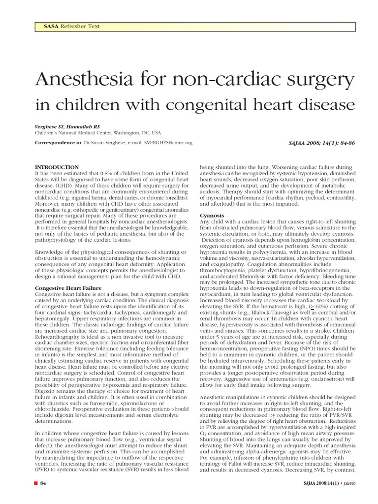 Anesthesia For Non Cardiac Surgery in Children With Congenital Heart ...
