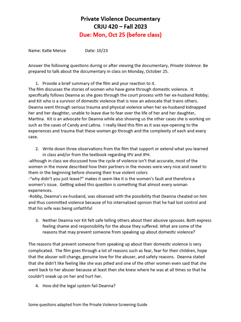 private violence documentary questions - fall23 | PDF | Domestic Violence | Violence