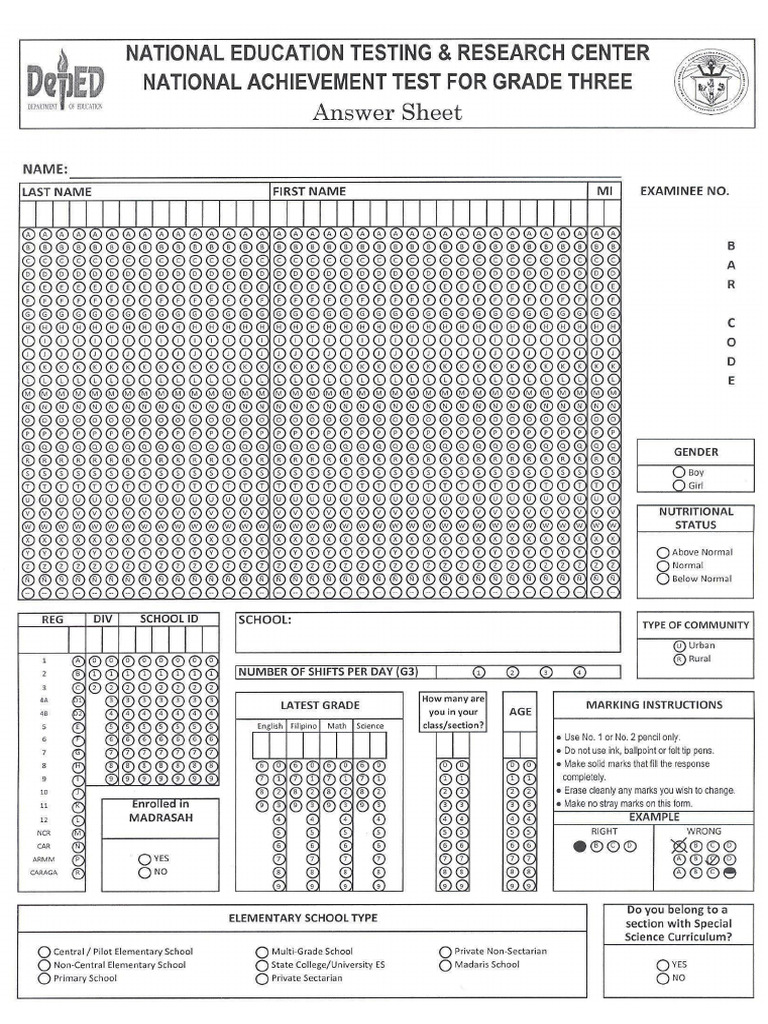 Grade 3 Nat Answer Sheet | PDF