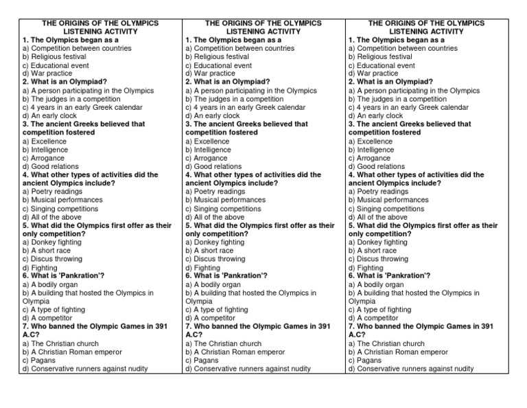 THE ORIGINS OF THE OLYMPICS LISTENING ACTIVITY 10A X 3 | PDF | Olympic ...